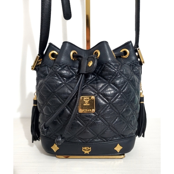 MCM | Bags | Vintage Mcm Quilted Black Bucket Logo Studded Mini ...